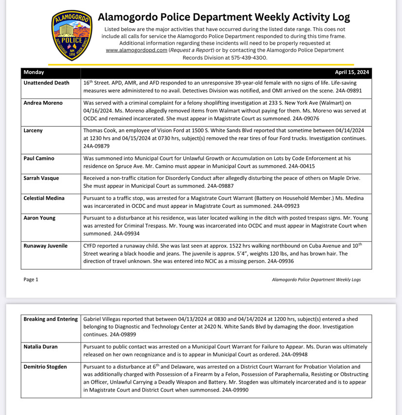 Alamogordo Arrest And Activity Logs April 15th Thru April 21st 2024
