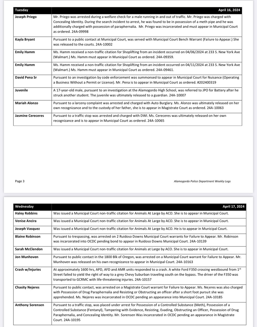 Alamogordo Arrest And Activity Logs April 15th Thru April 21st 2024