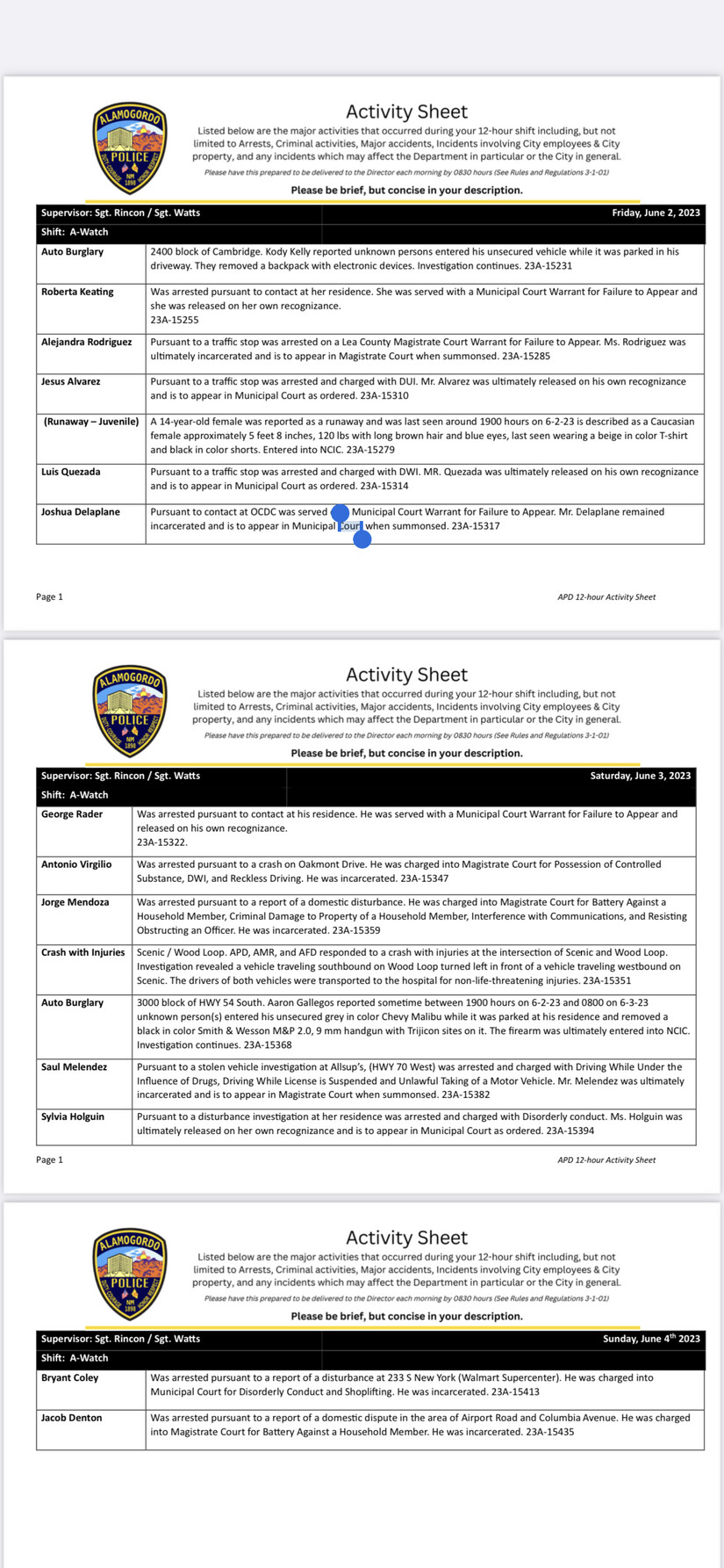 Alamogordo Police Activity Logs 6-2 to 6-4-2023 | 2nd Life Media ...